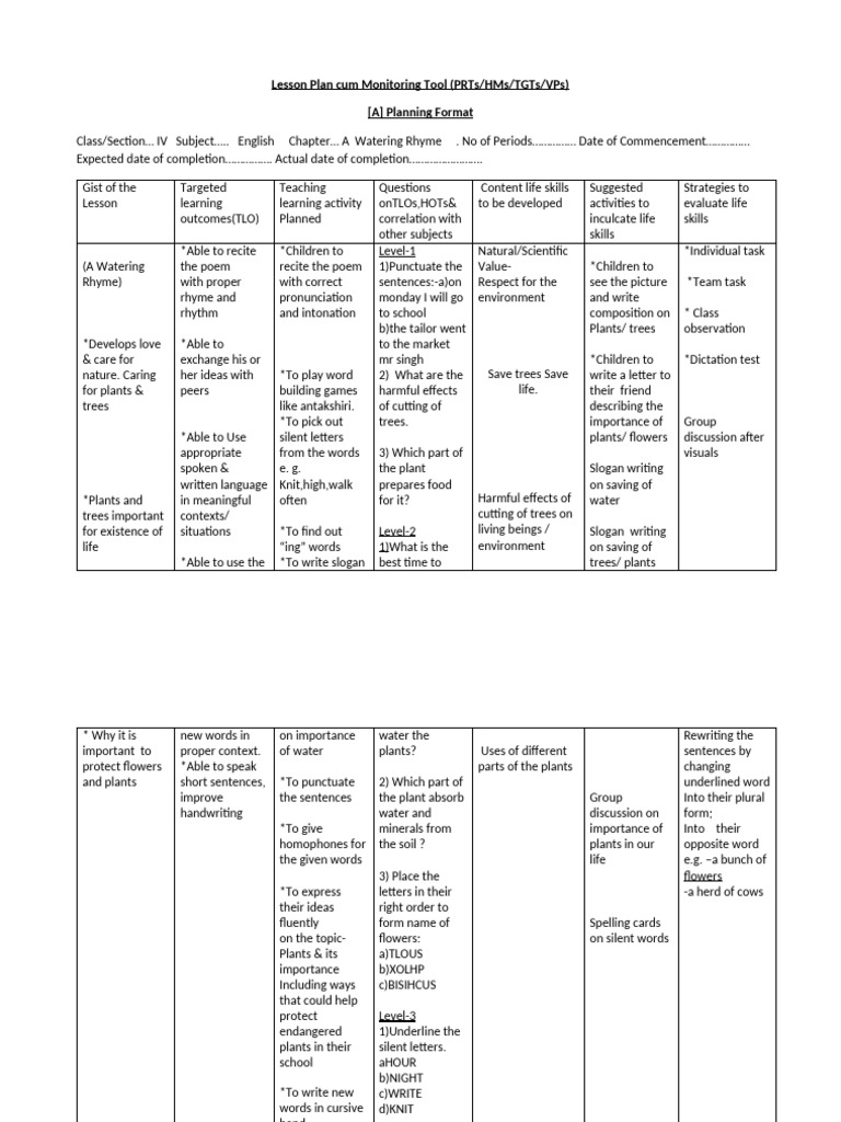Lesson Plan Class 4 English WATERING RHYME | PDF | Lesson Plan ...