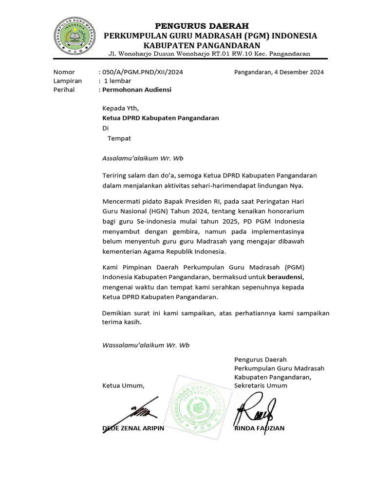 PERMOHONAN AUDIENSI PGM Indonesia Kab. Pangandaran 2024 | PDF