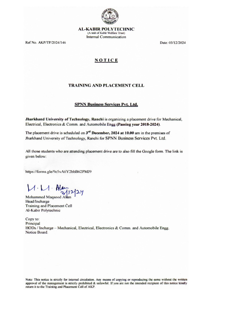Notice - Placement Drive by JUT For SPNN Business Services Pvt. Ltd. | PDF