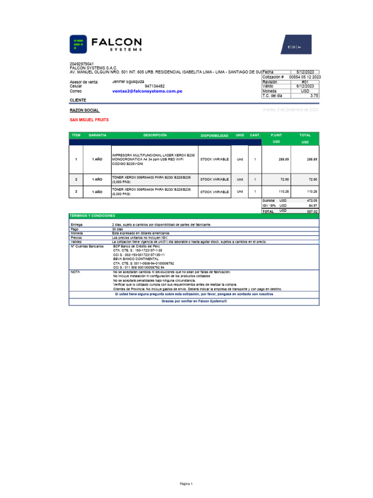 Cotización Impresora Falcon Systems | PDF | Bancario | Economias