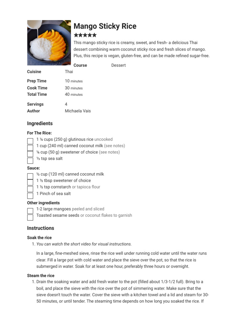 Mango Sticky Rice Elavegan Pdf Coconut Milk Cooking