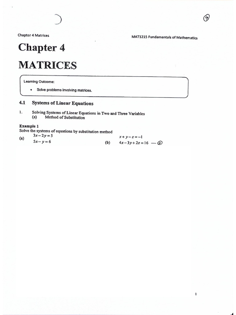 Chapter 4 Matrices Notes - SC | PDF
