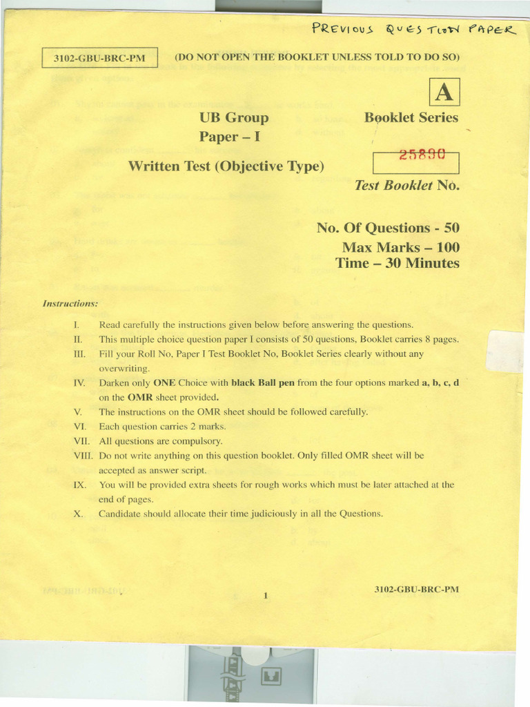 UB Group Paper I Exam Instructions | PDF
