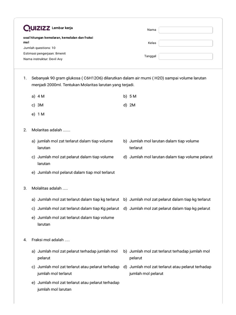Soal Hitungan Kemolaran, Kemolalan Dan Fraksi Mol - Quizizz | PDF