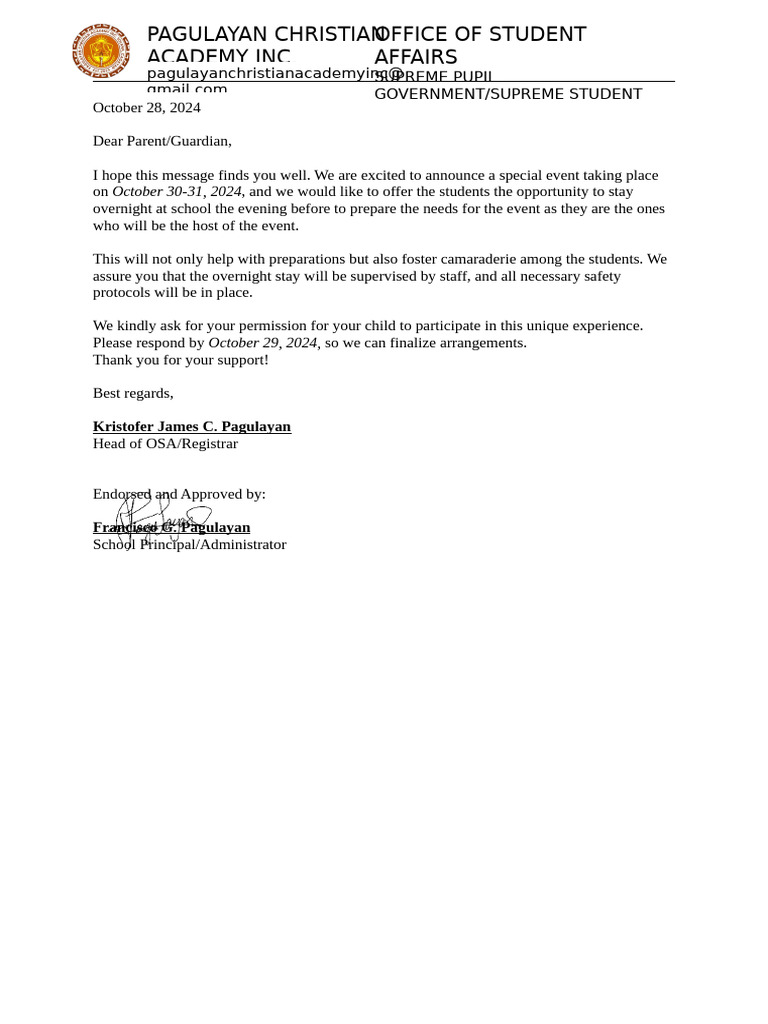 Letter For Overnight Stay | PDF