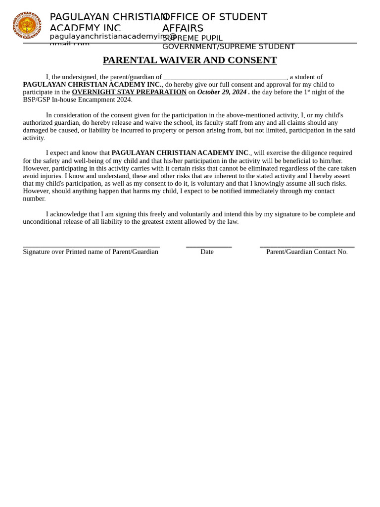 Pcai Parental Waiver and Consent | PDF