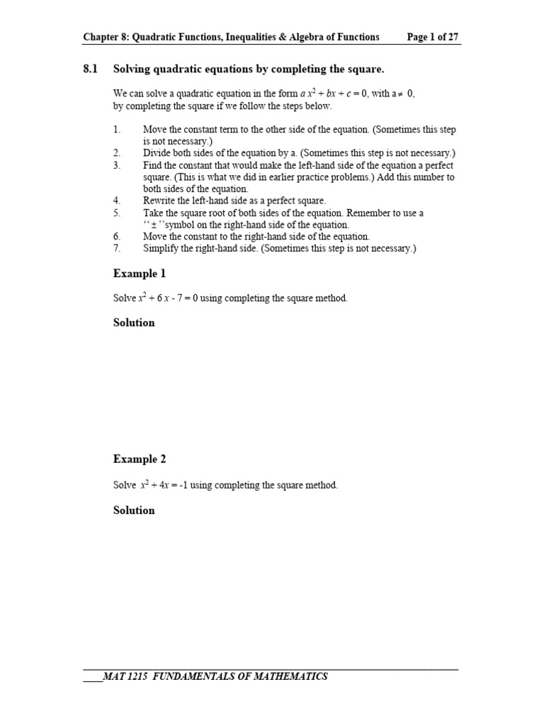 Chapter 8_Quadratic Functions, Inequalities and Algebra FunctionsL | PDF | Equations | Quadratic ...