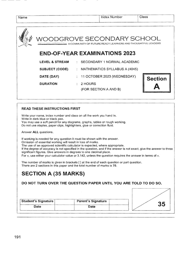 Sec 1 Math Exam Paper 2023 | PDF | Numbers | Area