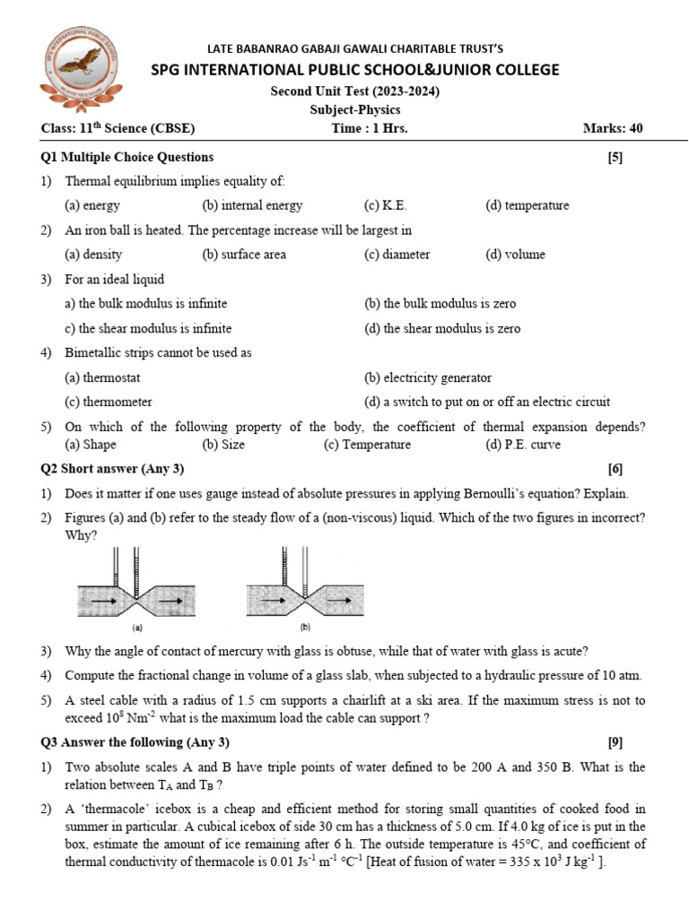 11th CBSE Physics (Unit Test-2) | PDF | Pressure | Liquids