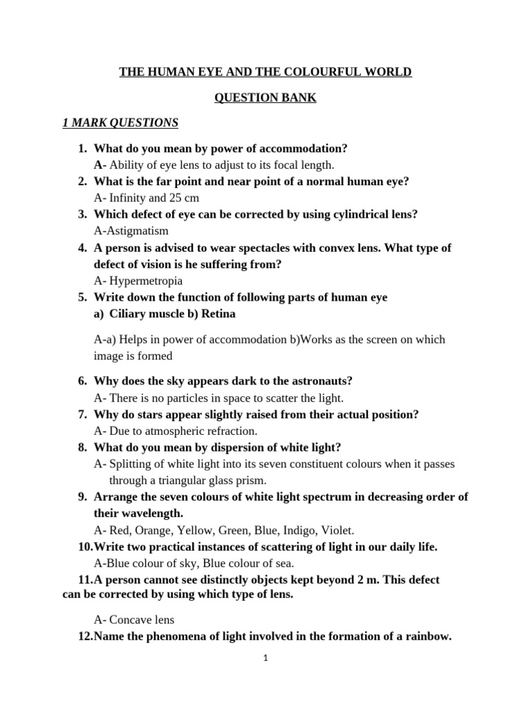 Human Eye and The Colourful World Question Bank | PDF | Eye | Rainbow