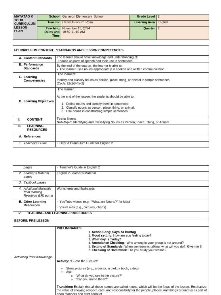 DLP Escobal Co1 Edited Fs q1 2 | PDF | Noun | Learning