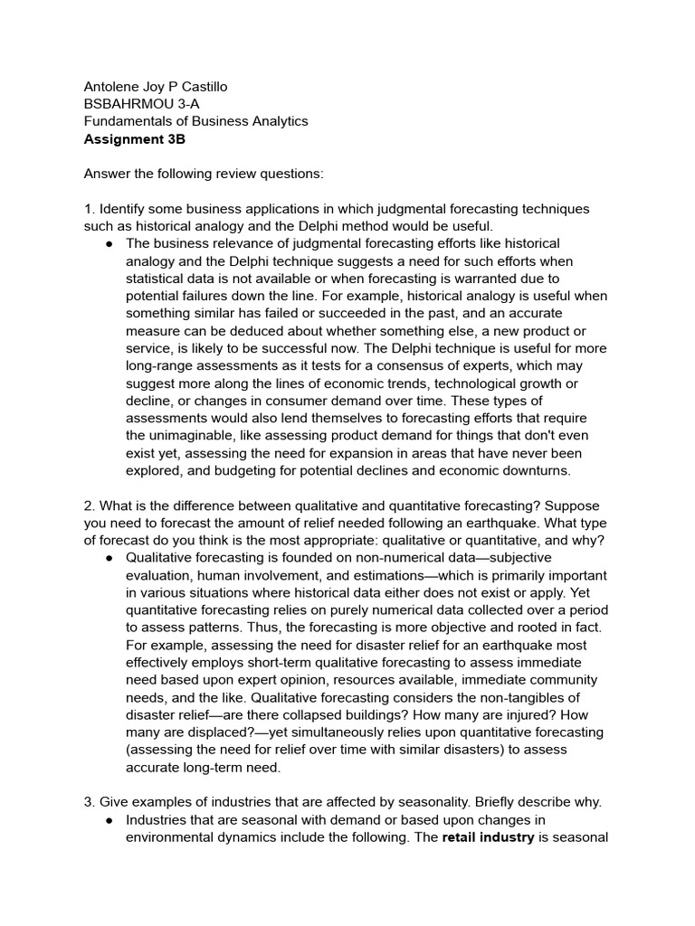 Business Analytics Forecasting Assignt 3B | PDF | Forecasting | Quantitative Research
