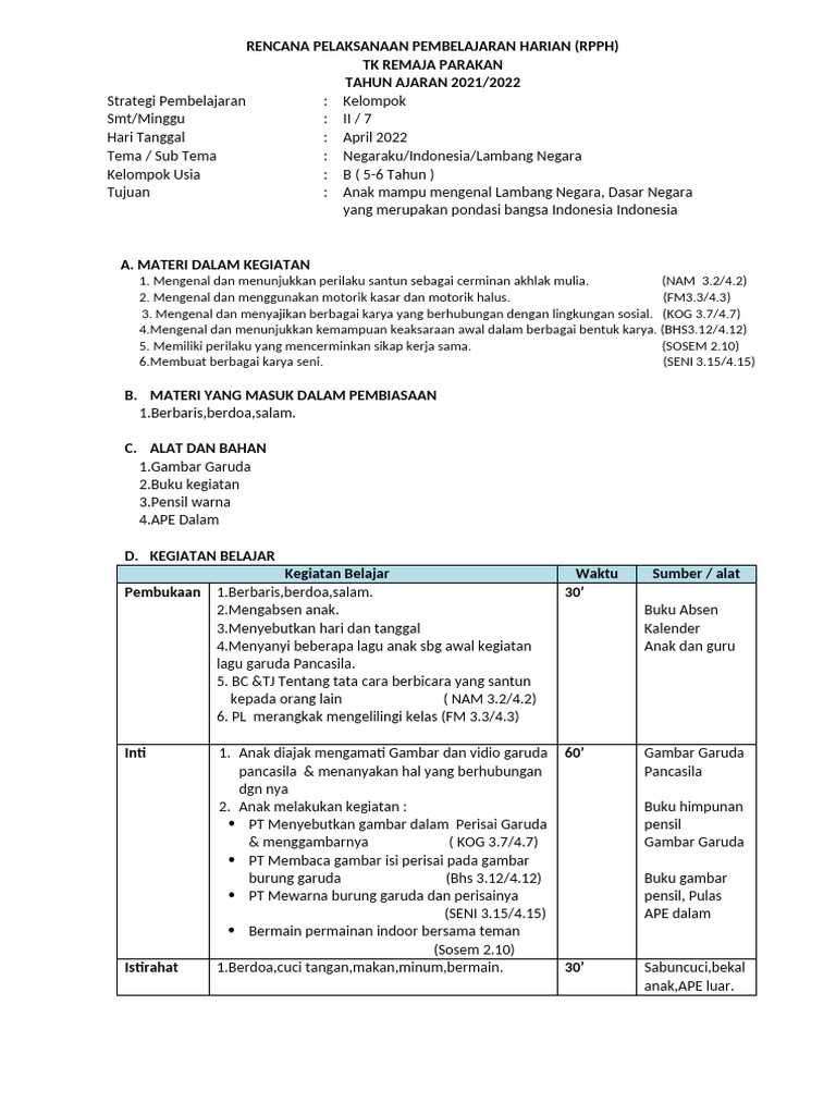 RPPH Tema Negaraku untuk TK B | PDF
