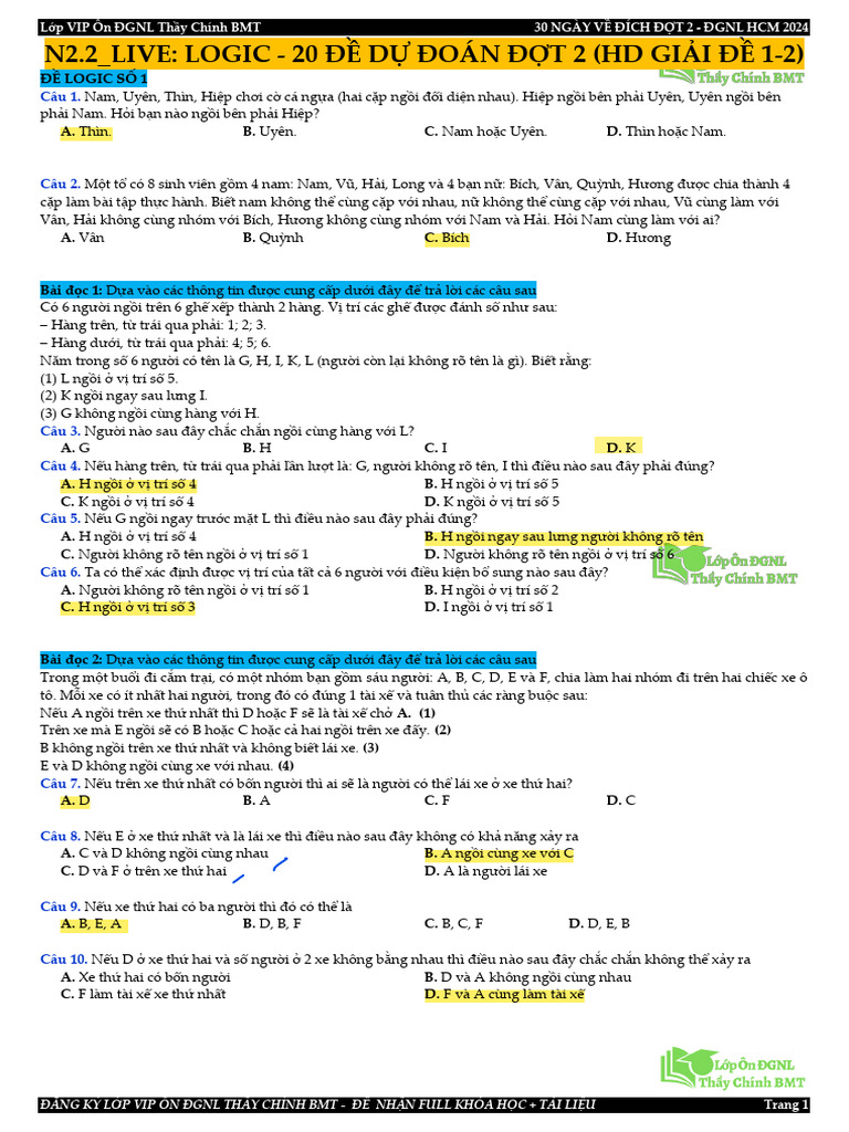 n2_2_logic - 20 Đề Dự Đoán Đợt 2 (Hd Giải Đề 1-2) | PDF