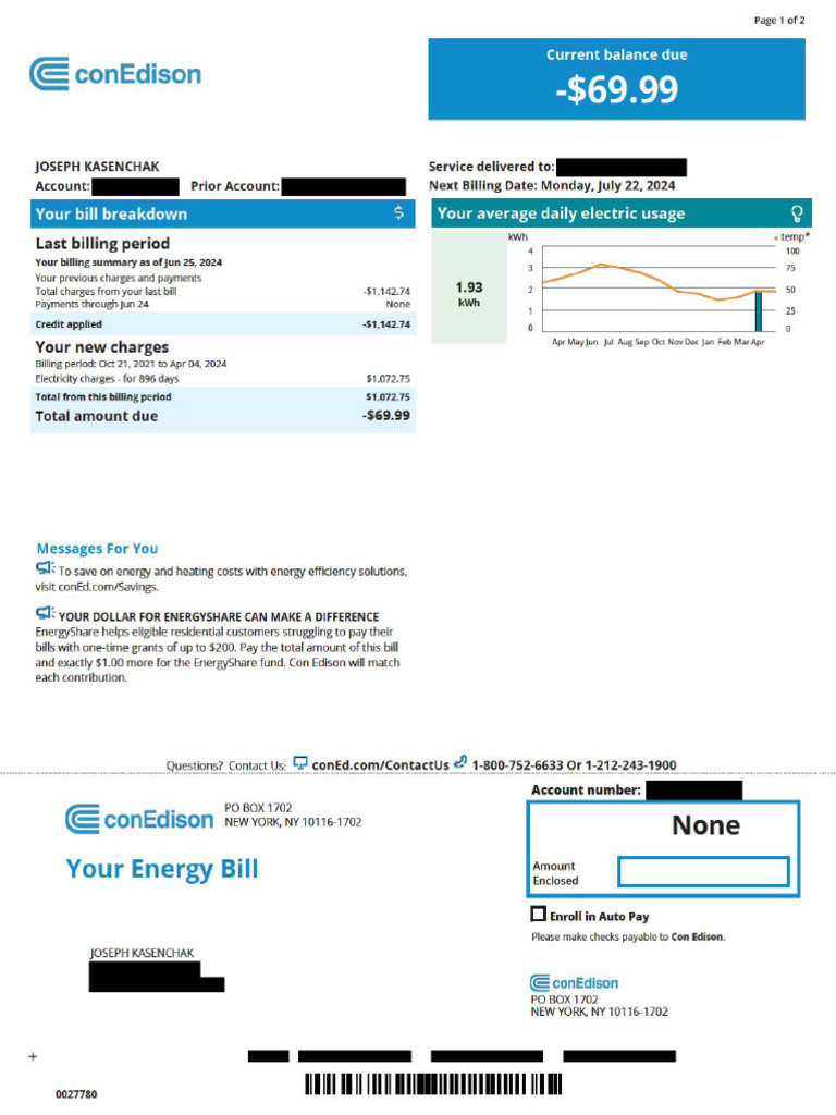 Con Edison Electricity Bill Summary | PDF | Fee