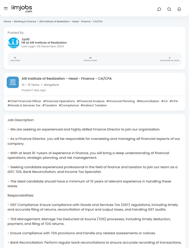 AiR Institute of Realization - Head - Finance - CA - CPA | PDF | Taxes ...