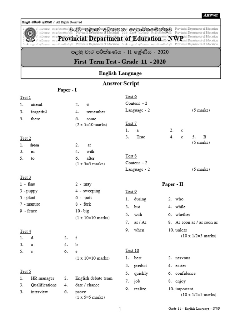 Grade 11 English Exam Answer Key | PDF