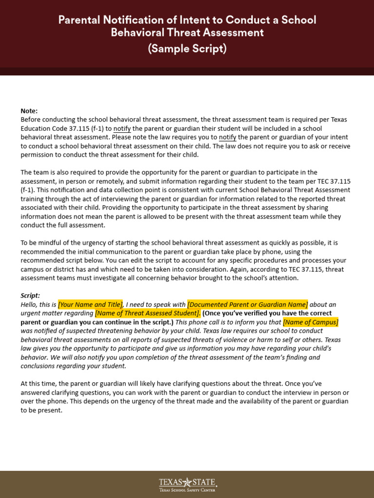 Sample Script Parental Notification of Intent To Conduct SBTA 2023 2024 | PDF