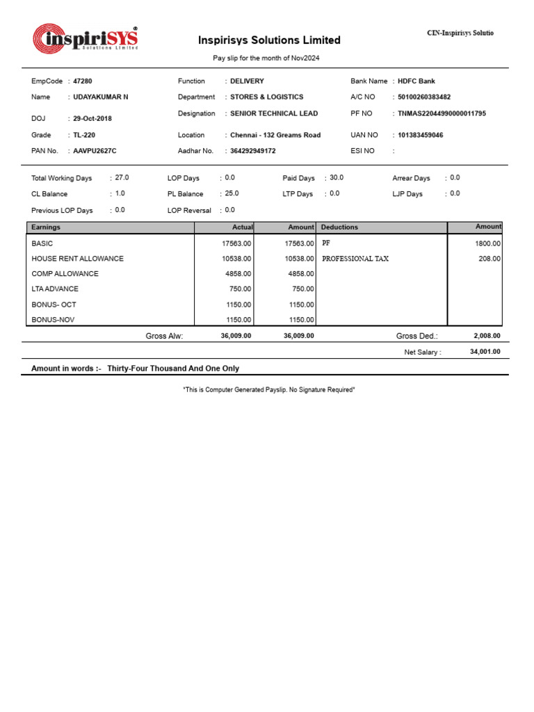 Payslip - Nov 2024 | PDF | Payments | Taxes