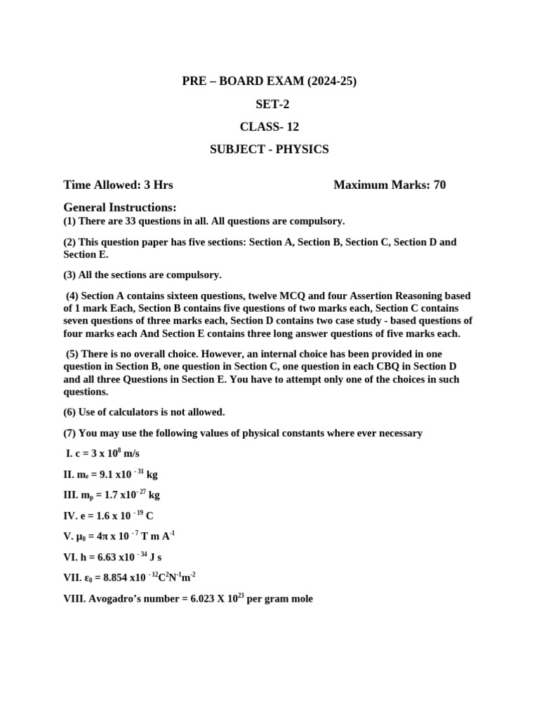XII_PHY_SET-II_QP | PDF | Magnetic Field | Force