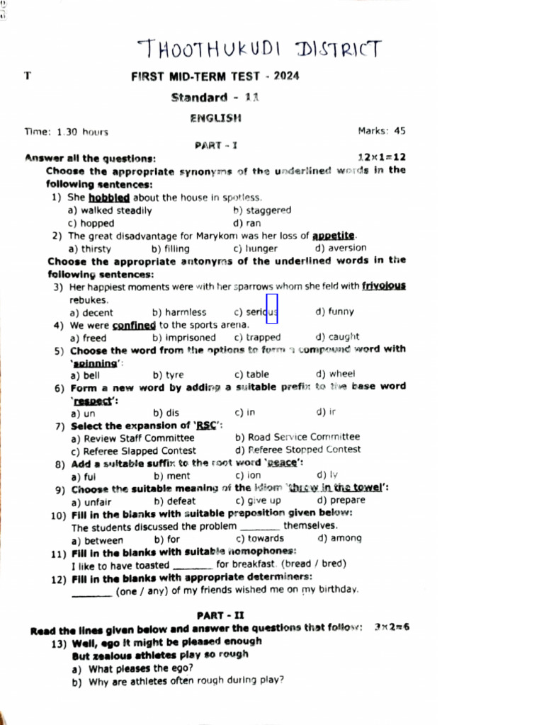 Class 11 English Mid-Term Paper 2024 | PDF