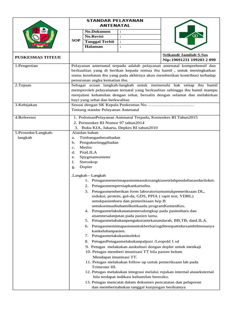 No - Dokumen: No - Revisi: Tanggal Terbit: Halaman: Puskesmas Titeue Srikandi Jamilah S.Sos Nip ...