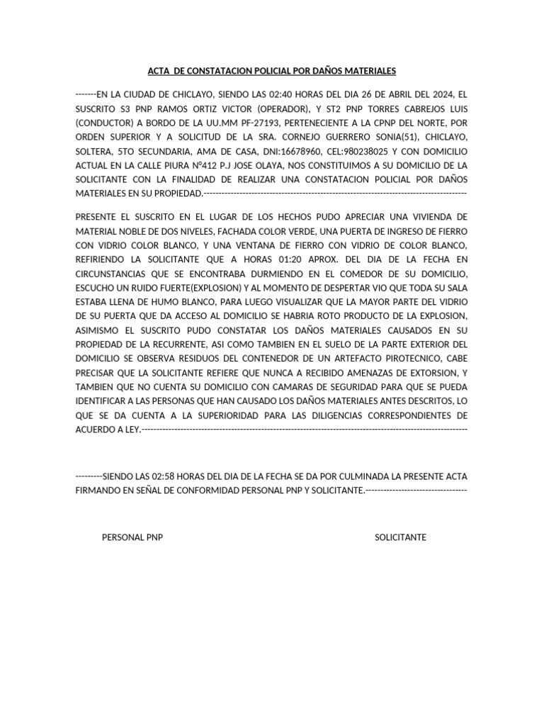 Acta de Constatacion Policial Por Daños Materiales | PDF