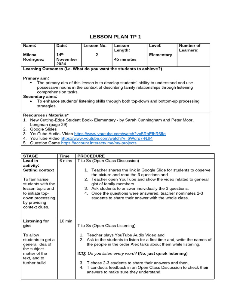 Lesson Plan TP2.Mile | PDF | Reading Comprehension | Lesson Plan Lesson Plan TP2.Mile | PDF | Reading Comprehension | Lesson Plan
