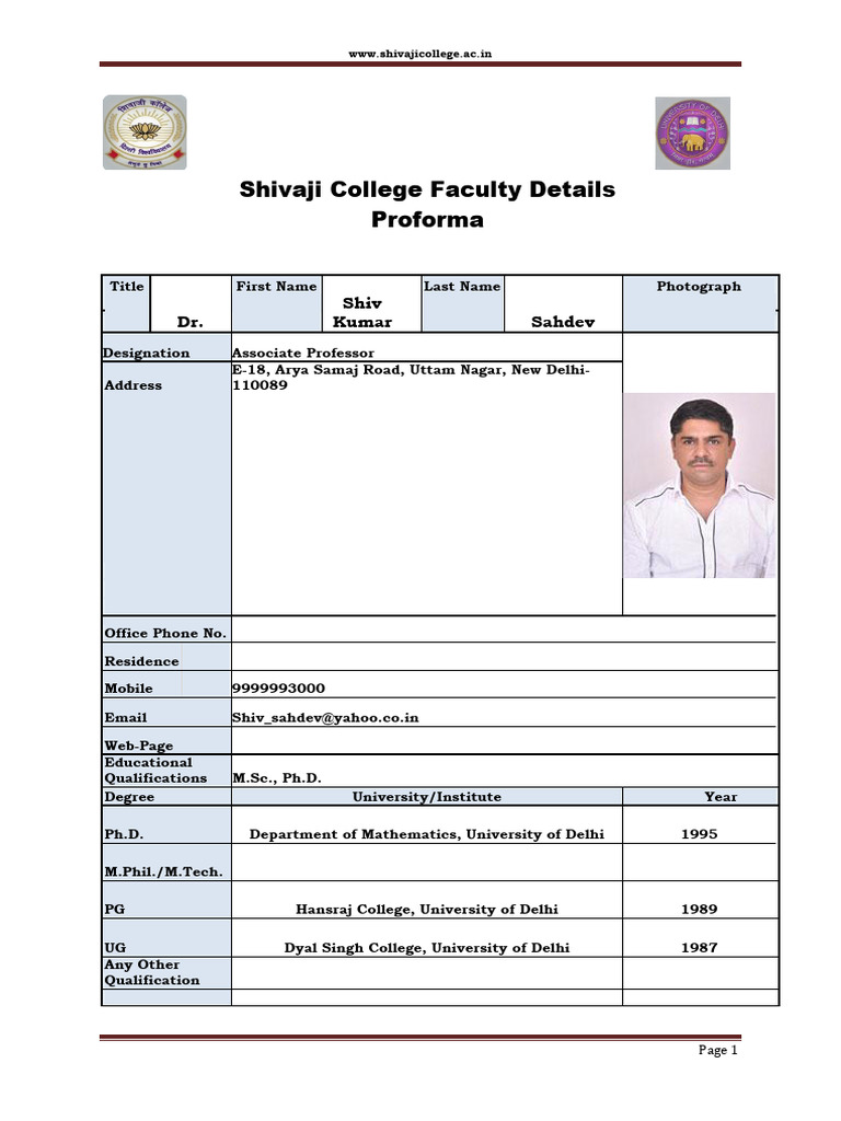 Shivaji College Faculty Details Proforma: Dr. Shiv Kumar Sahdev | PDF ...