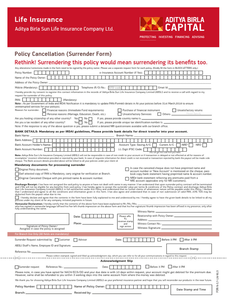 Policy Cancellation(Surrender-Form) | PDF | Life Insurance | Identity Document
