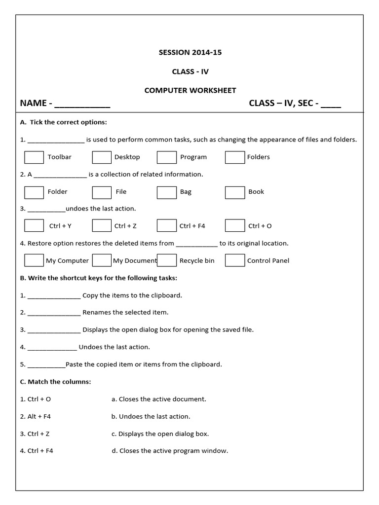 Class 4 Computer Worksheet 2014-15 | PDF | Computer Architecture ...