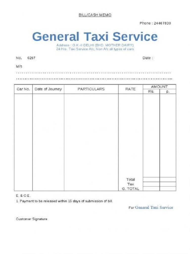 General Taxi Service Receipt Example 3 | PDF