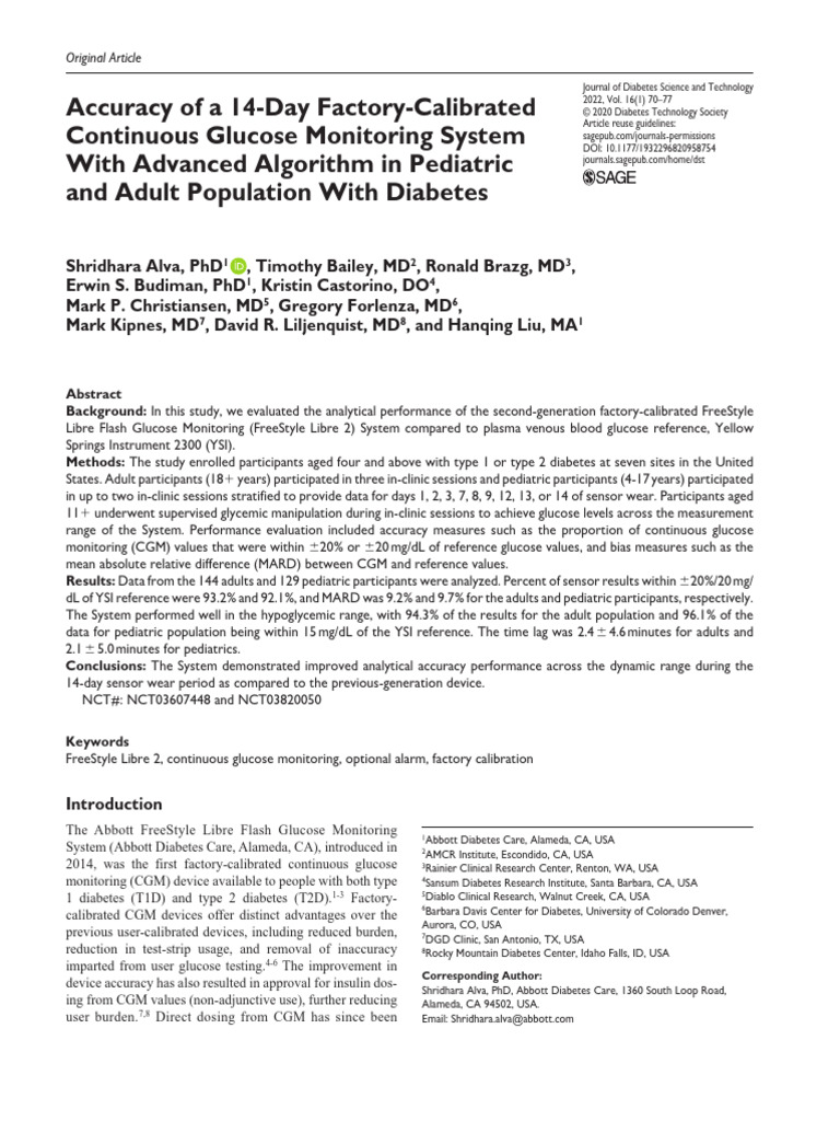 Accuracy of A 14-Day Factory-Calibrated Continuous Glucose Monitoring System With Advanced ...