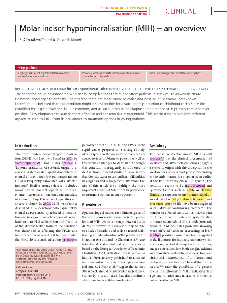 BDJ MIH | PDF | Tooth Enamel | Human Tooth