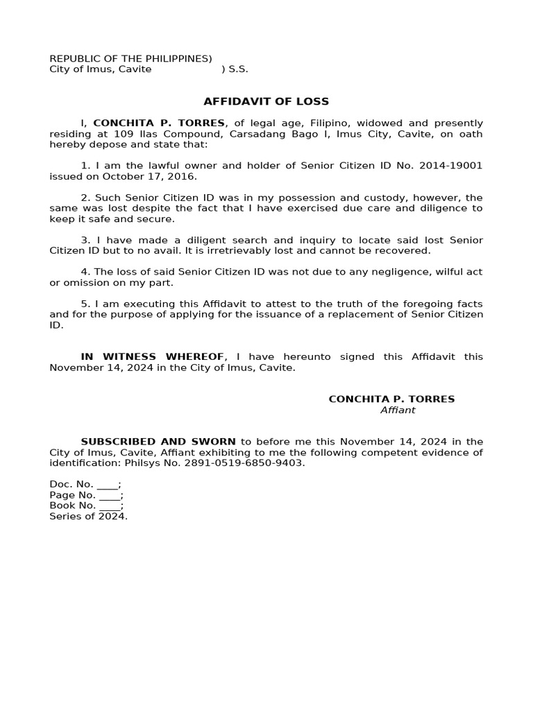 Affidavit of Loss for Senior Citizen ID | PDF