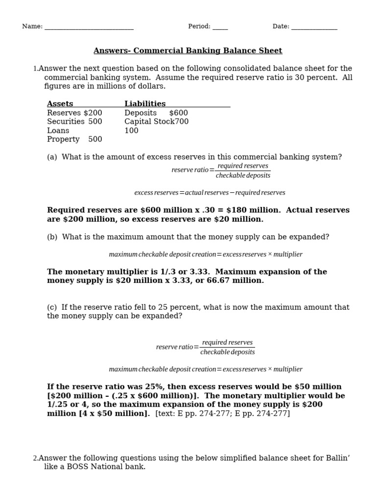 Unit 4_Commercial Banking Balance Sheet_KEY | PDF | Money Supply ...