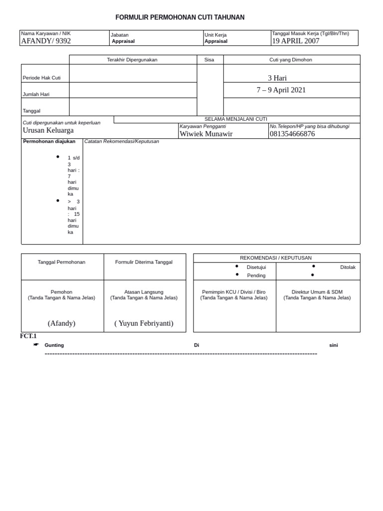 FORM CUTI (Fandy 7.8.9 April 2021) | PDF