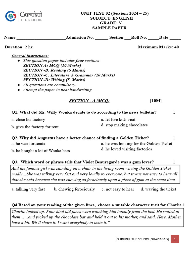 English - Sample Paper - Class 5 | PDF