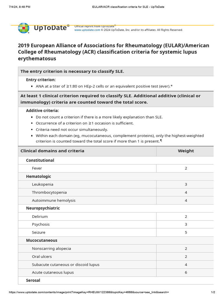 EULAR_ACR Classification Criteria for SLE - UpToDate | PDF | Medical ...
