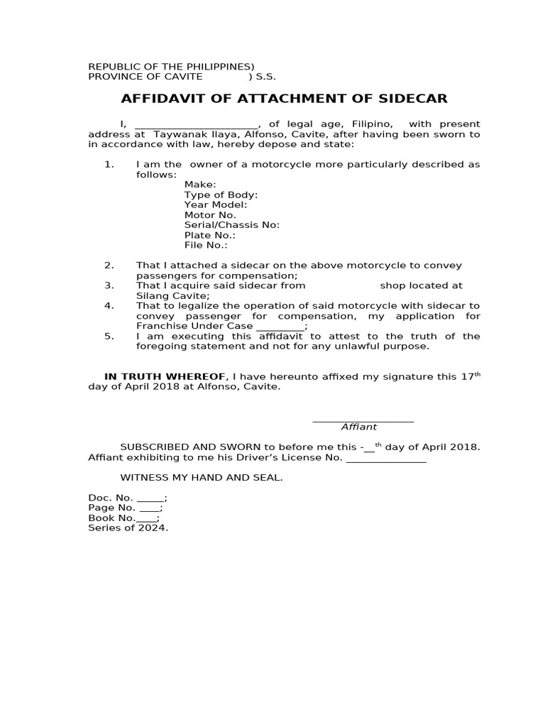 Affidavit for Sidecar Attachment in Cavite | PDF
