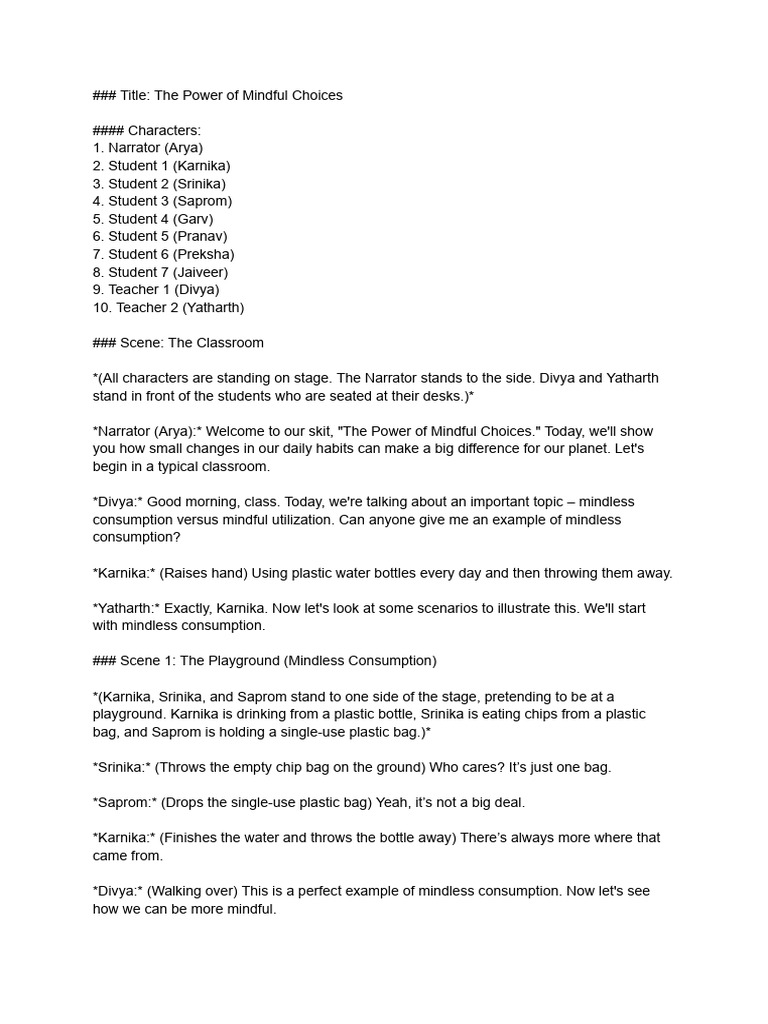 10C Skit Script Title_ The Power of Mindful Choices | PDF