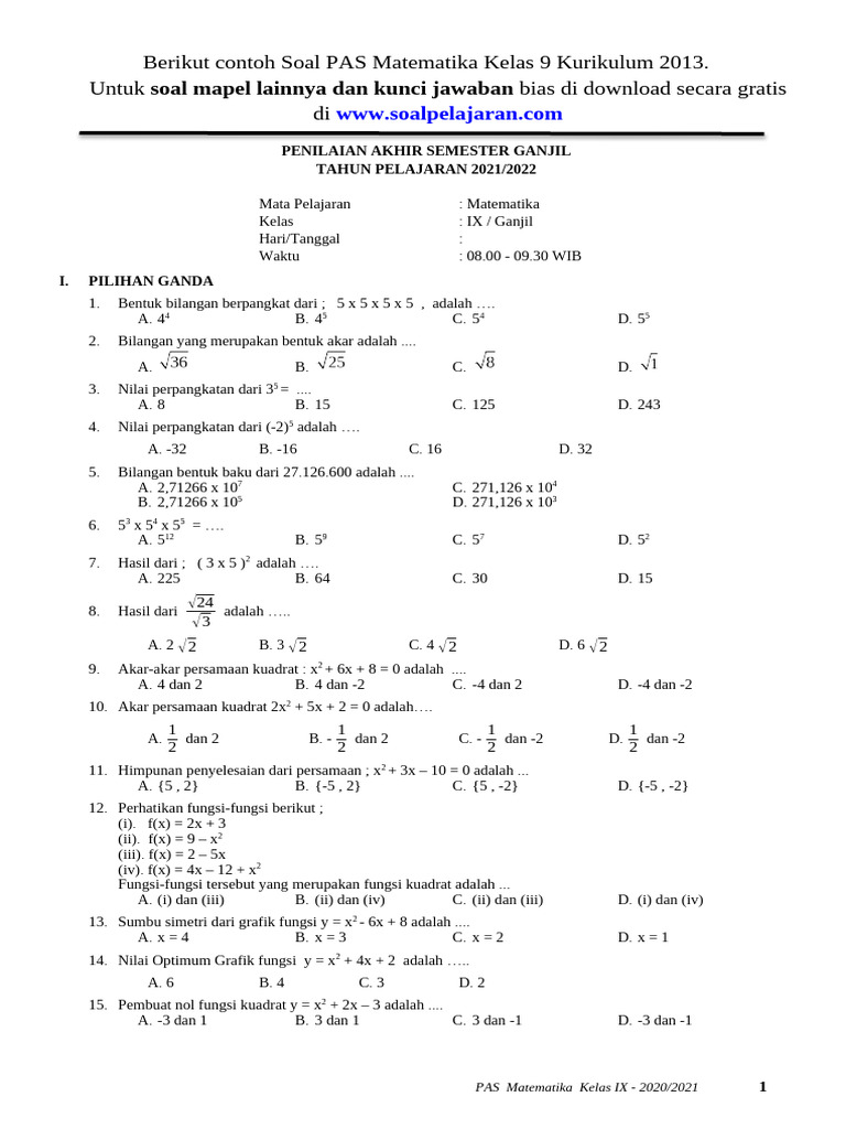 Soal Pas Matematika Kelas 9 Kurikulum 20 | PDF