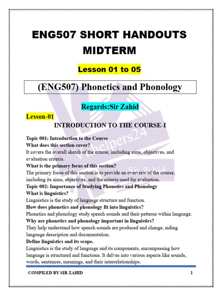 ENG507 SHORT HANDOUTS MIDTERM Compiled by Sir Zahid-1 | PDF | Phonetics | Phonology