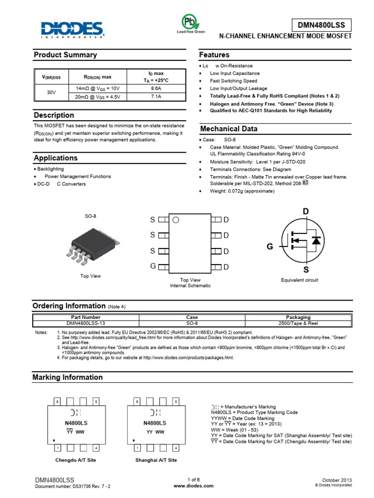 Datasheet DMN4800LSSS - SO8 | PDF | Mosfet | Manufactured Goods
