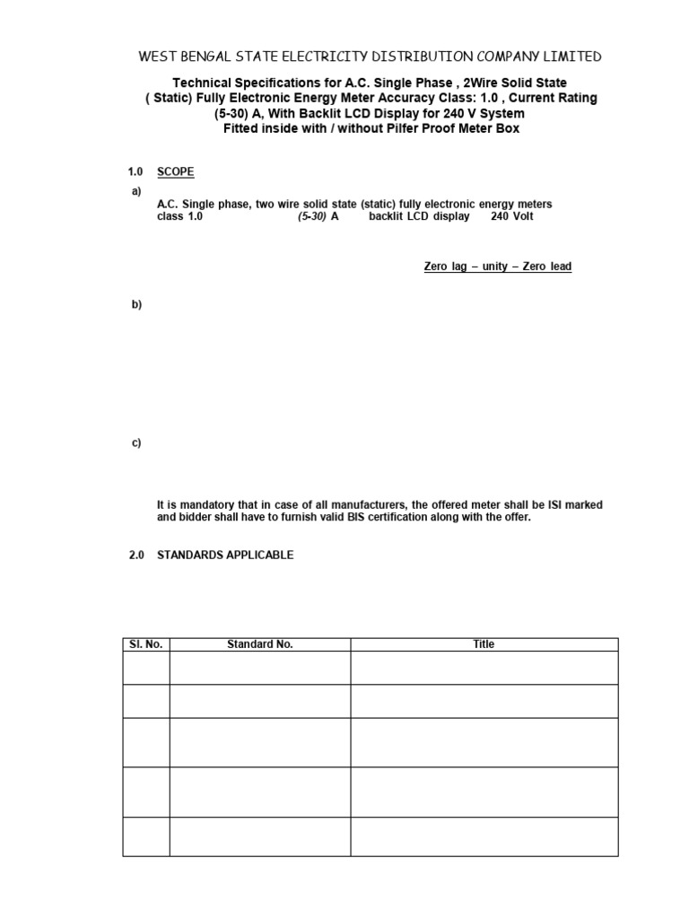Class 1.0 Electronic Energy Meter Specs | PDF | Specification ...