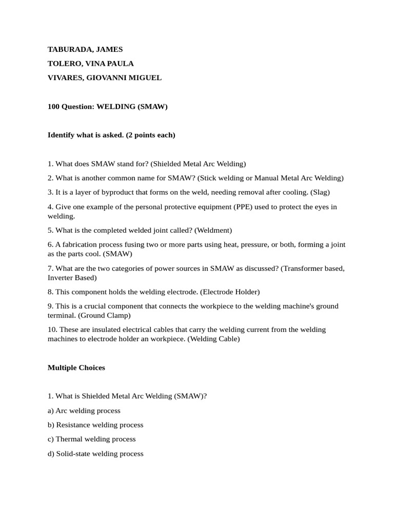 100 SMAW Welding Questions & Answers | PDF | Welding | Construction