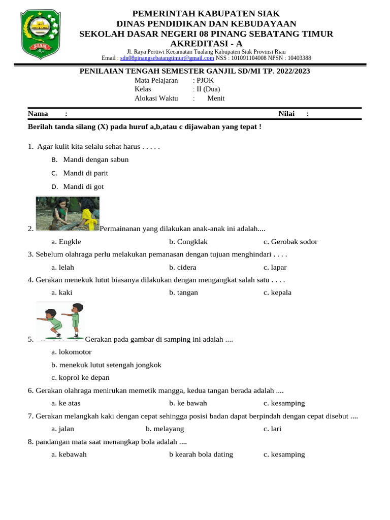 SOAL PTS KLS 2 SEM 1 TP 2022-2023 PJOK (104 RKP) | PDF