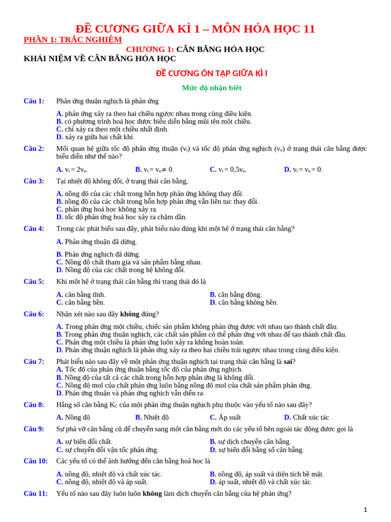 De Cuong Giua Ki I Hóa 11 | PDF