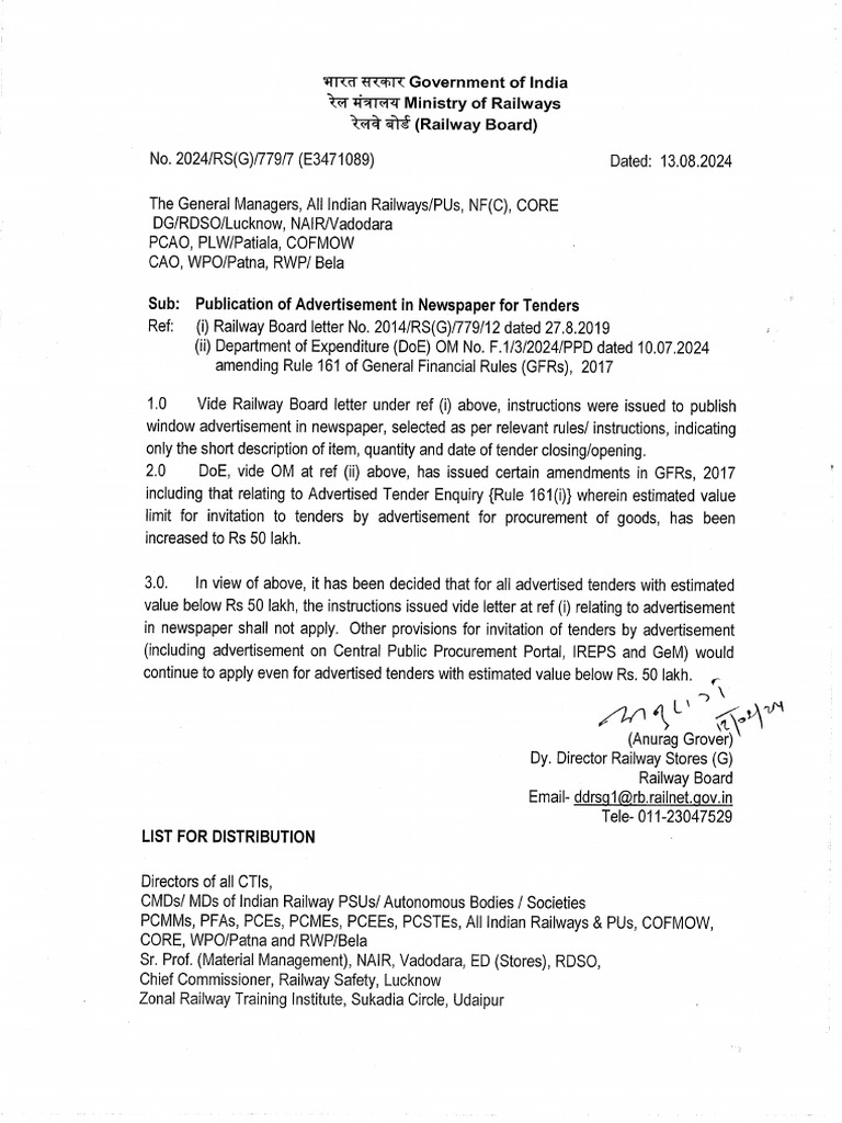 Circular 13082024 to Rly Units_OT memo above 50 lakh | PDF