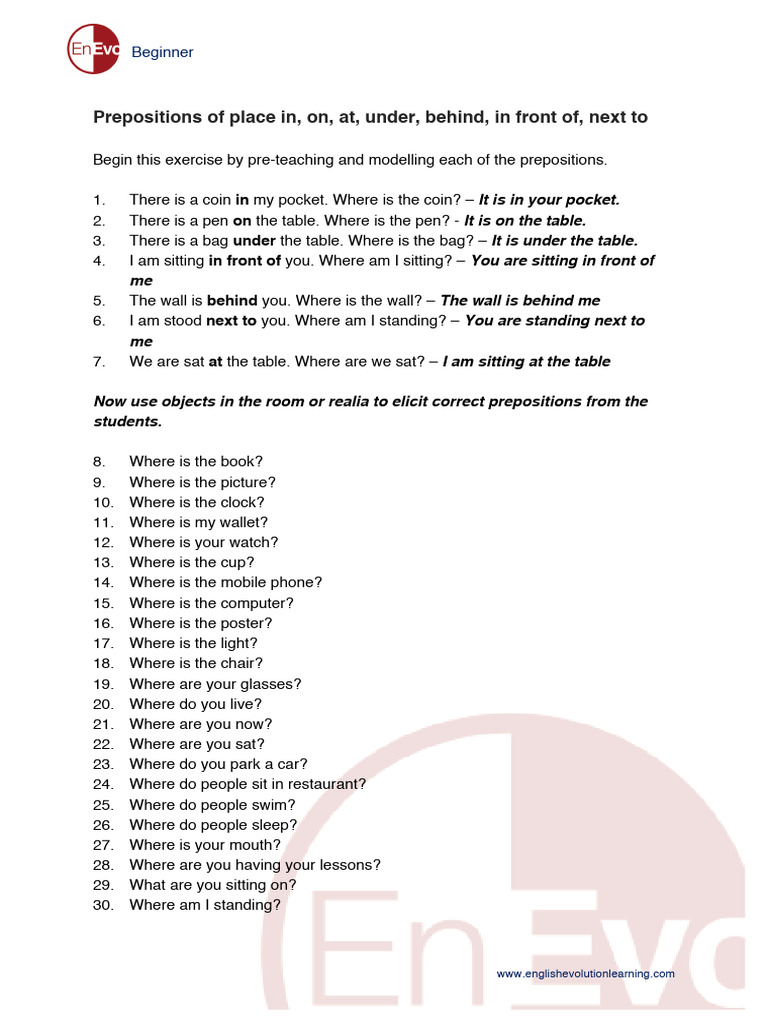 A1. Prepositions of Place - In, On, At, Under, Behind, in Front Of ...